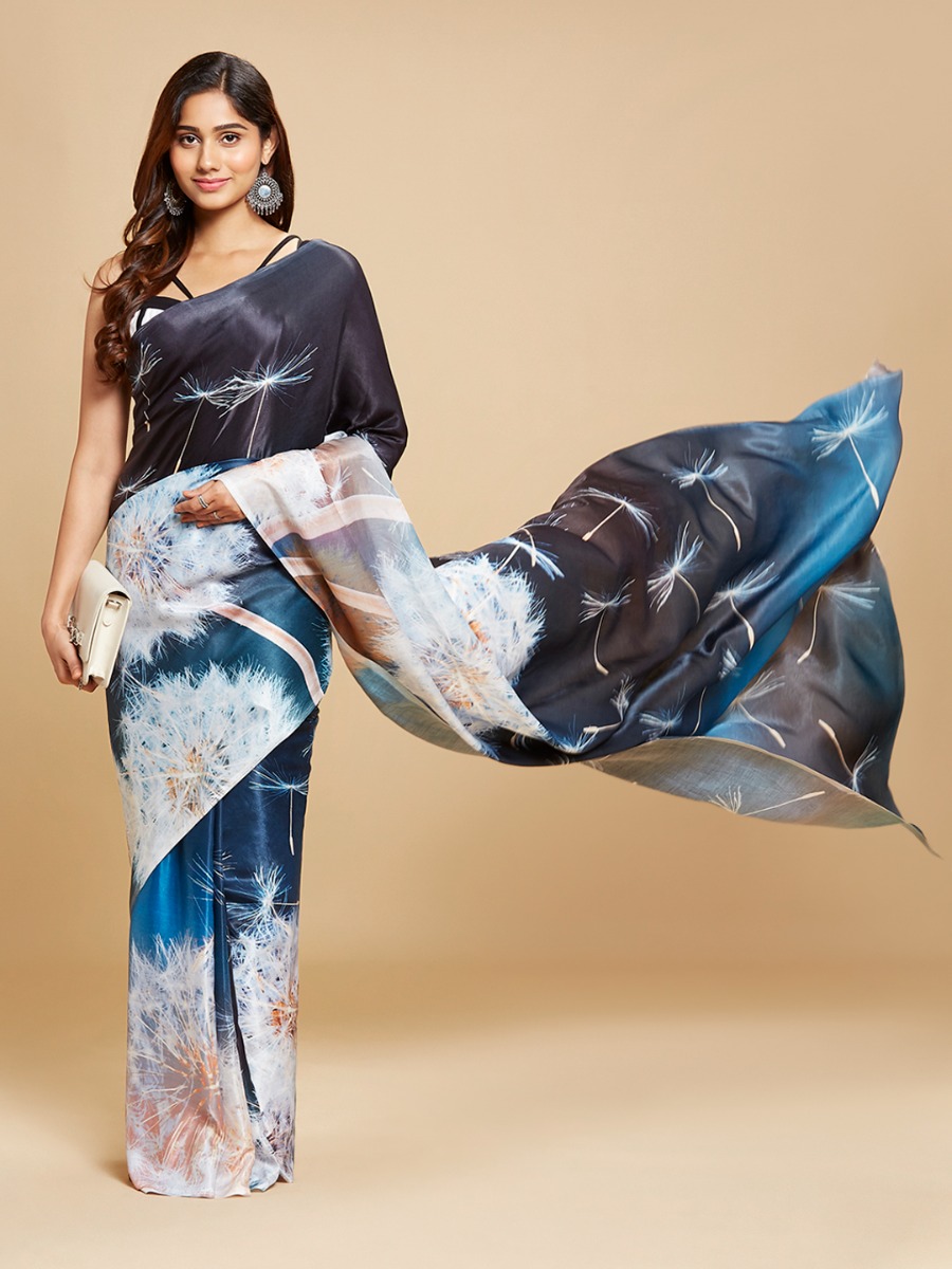 The Navyasa Midnight Blue Liva Satin Printed Saree Midnight Blue Liva ...